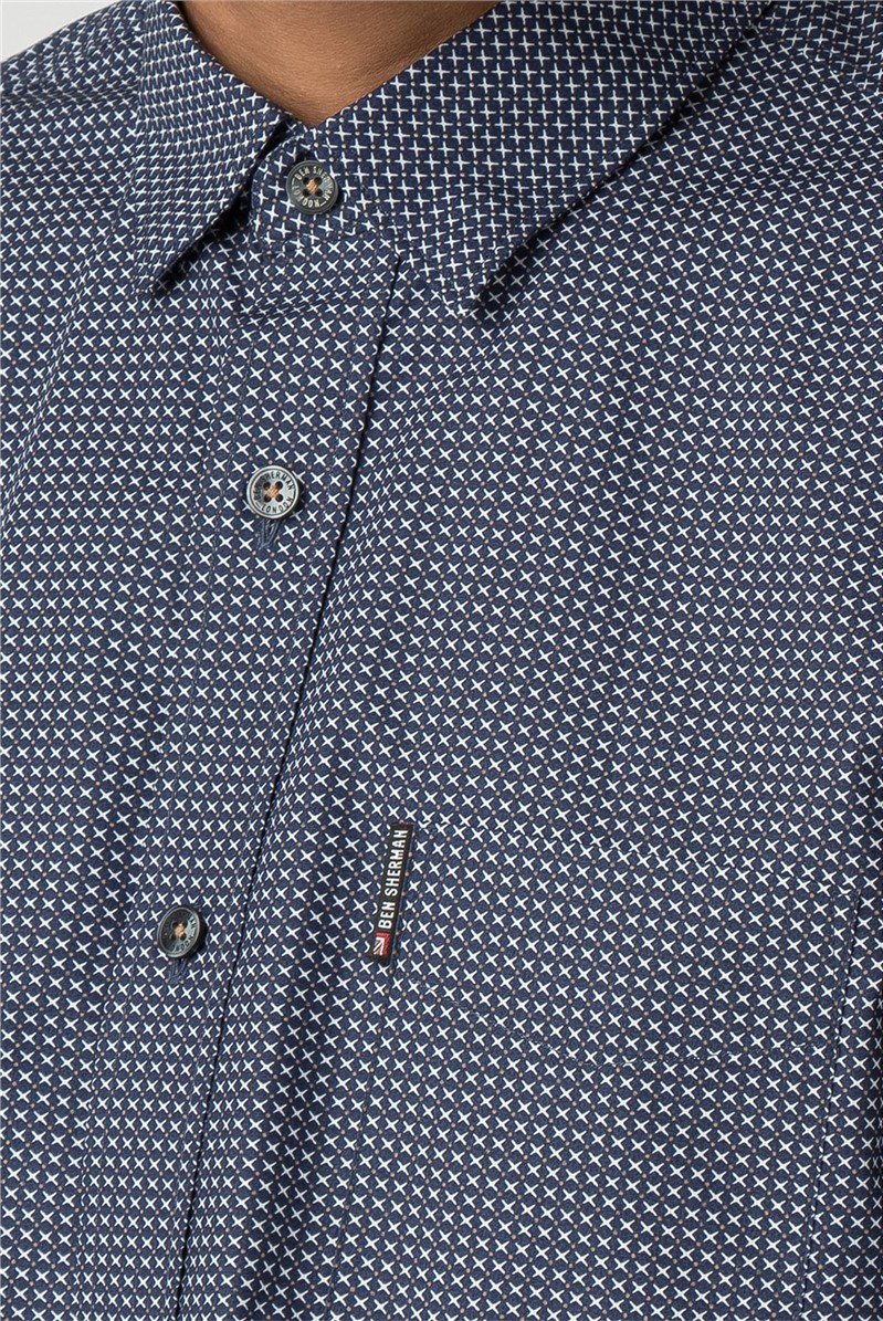 Ben Sherman | Long Sleeve Blue Sketch Micro Shirt | Suit Direct