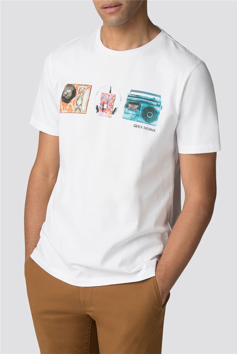 Ben Sherman | Music Print White Crew Neck Tee | SuitDirect.co.uk