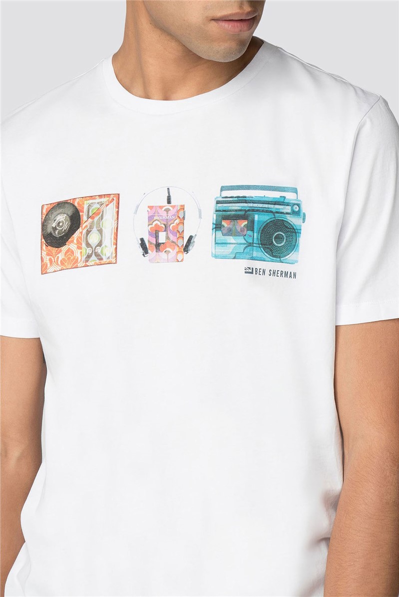 Ben Sherman | Music Print White Crew Neck Tee | SuitDirect.co.uk