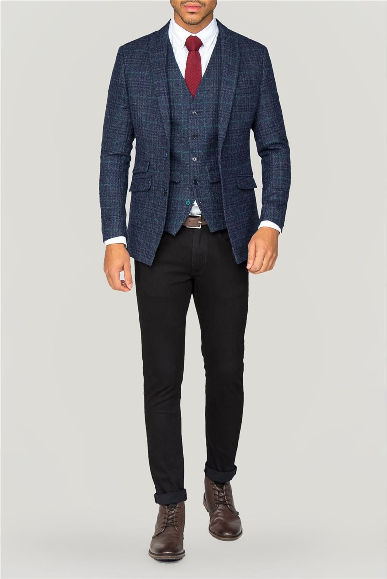WP | Navy & Blue Checked Men's Wool Blazer | Suit Direct