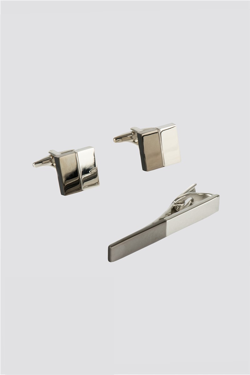Scott & Taylor | Silver Chrome Cufflinks & Tie Bar | Suit Direct