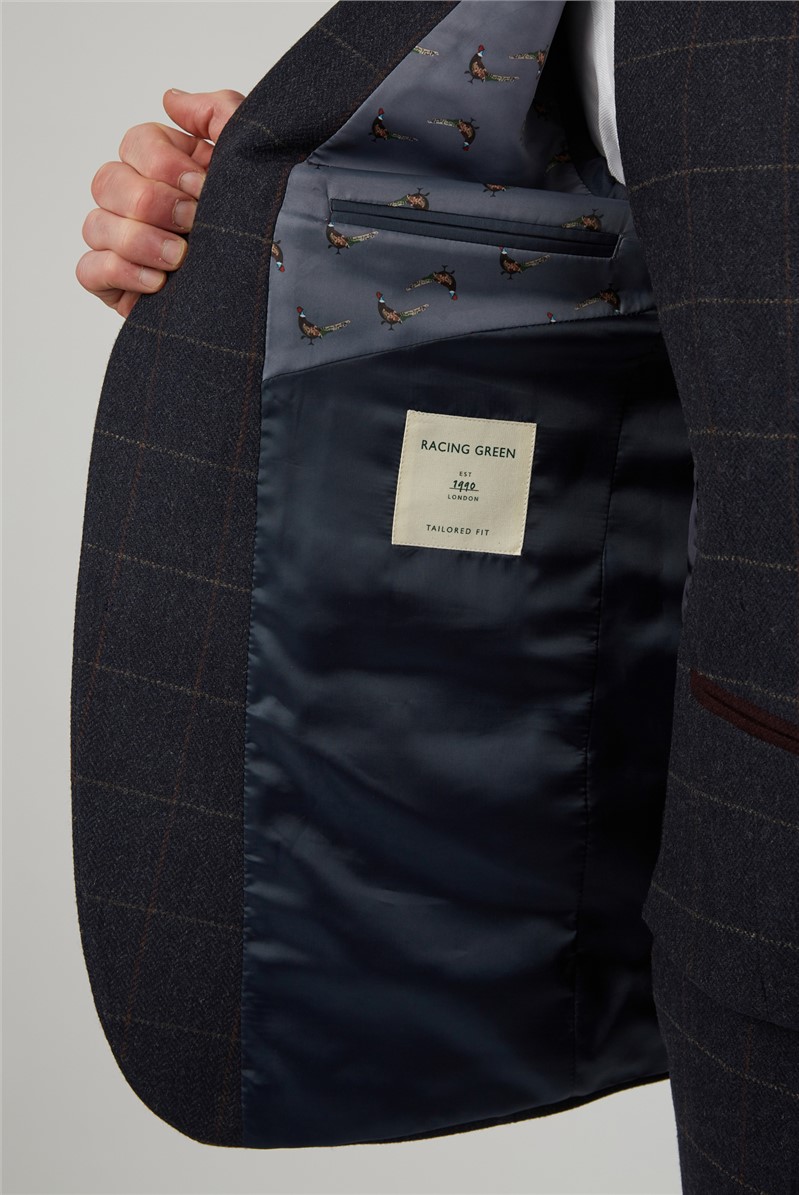 Racing Green Tailored Fit Navy Heritage Check Wool Blend Waistcoat