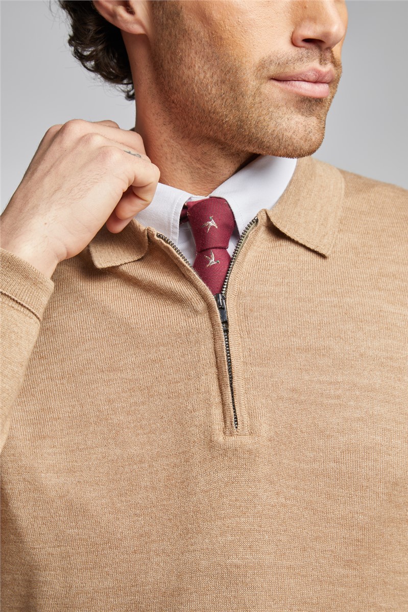 Limehaus Sand Knitted Zip Turtle Neck Jumper | Suit Direct