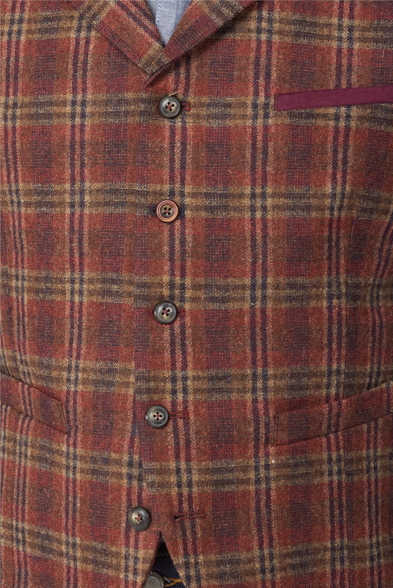 Gibson London | Orange Check Tweed Waistcoat | SuitDirect.co.uk