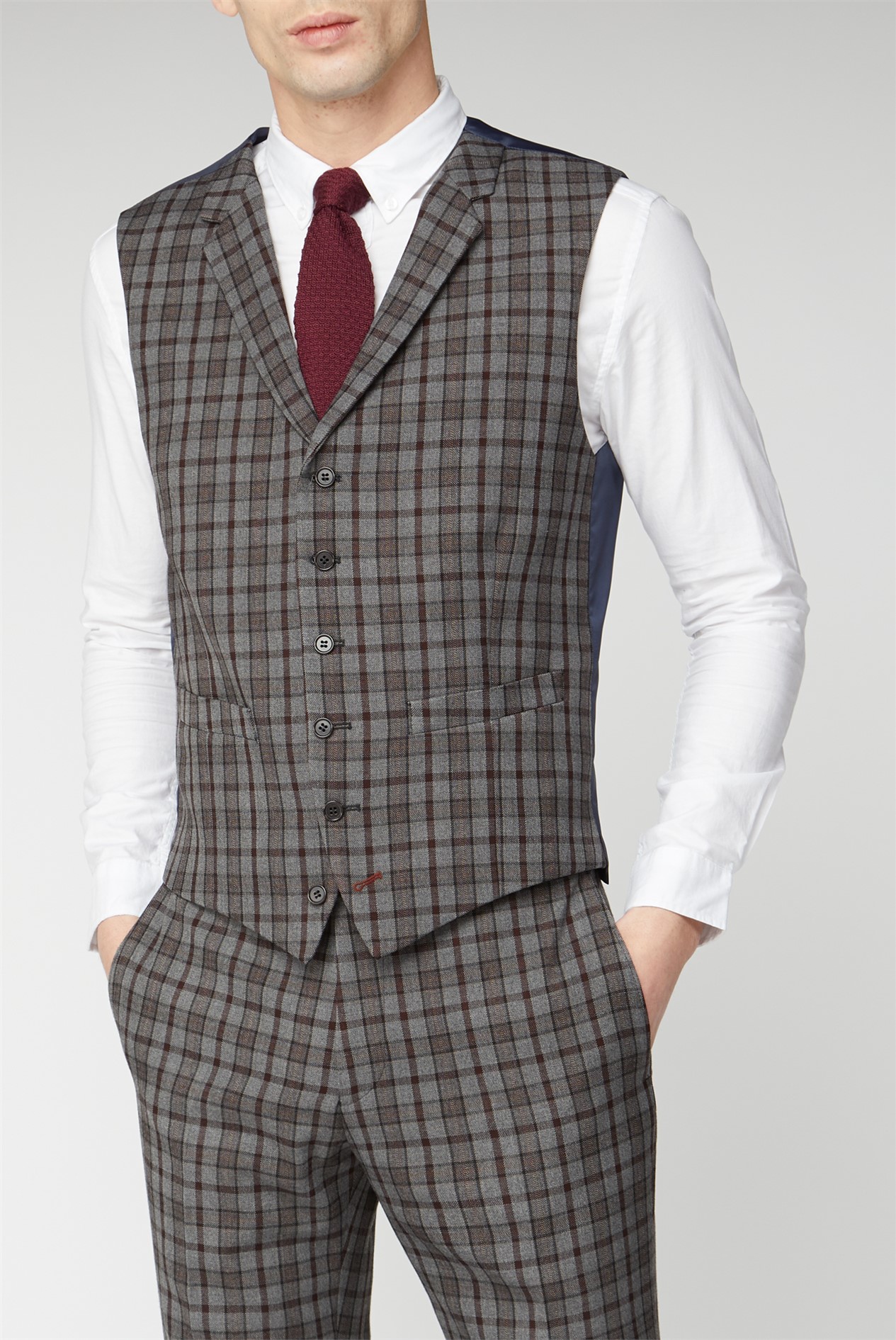 Limehaus Grey Burgundy Check Slim Fit Waistcoat Suit Direct