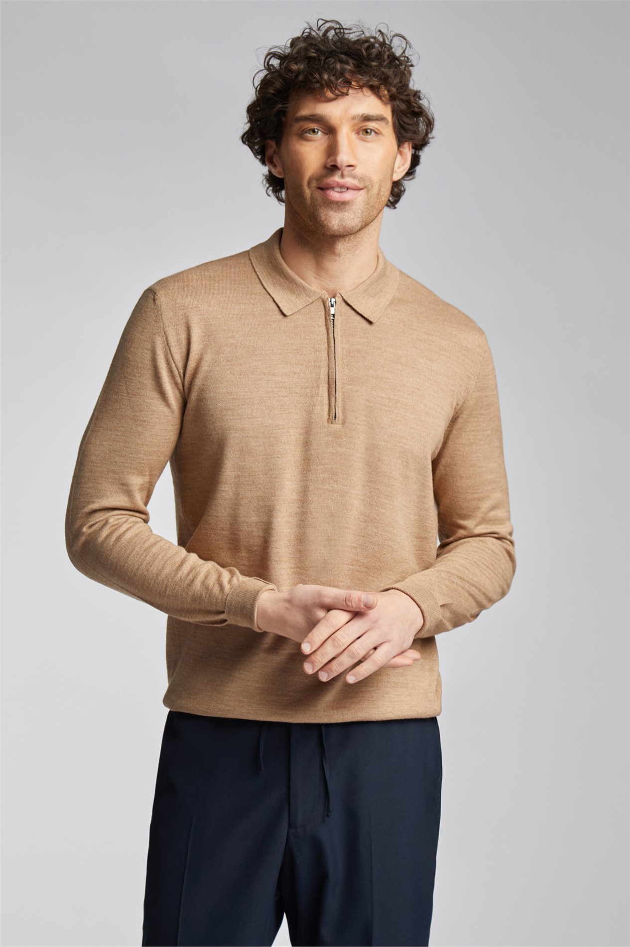 Limehaus Sand Knitted Zip Polo Jumper | Suit Direct