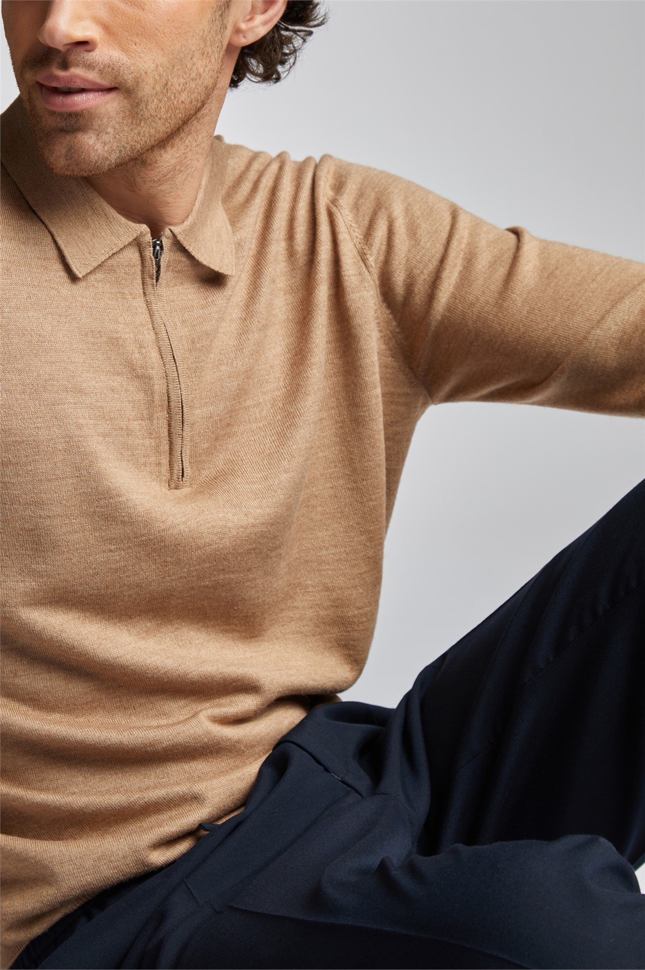 Limehaus Sand Knitted Zip Polo Jumper | Suit Direct
