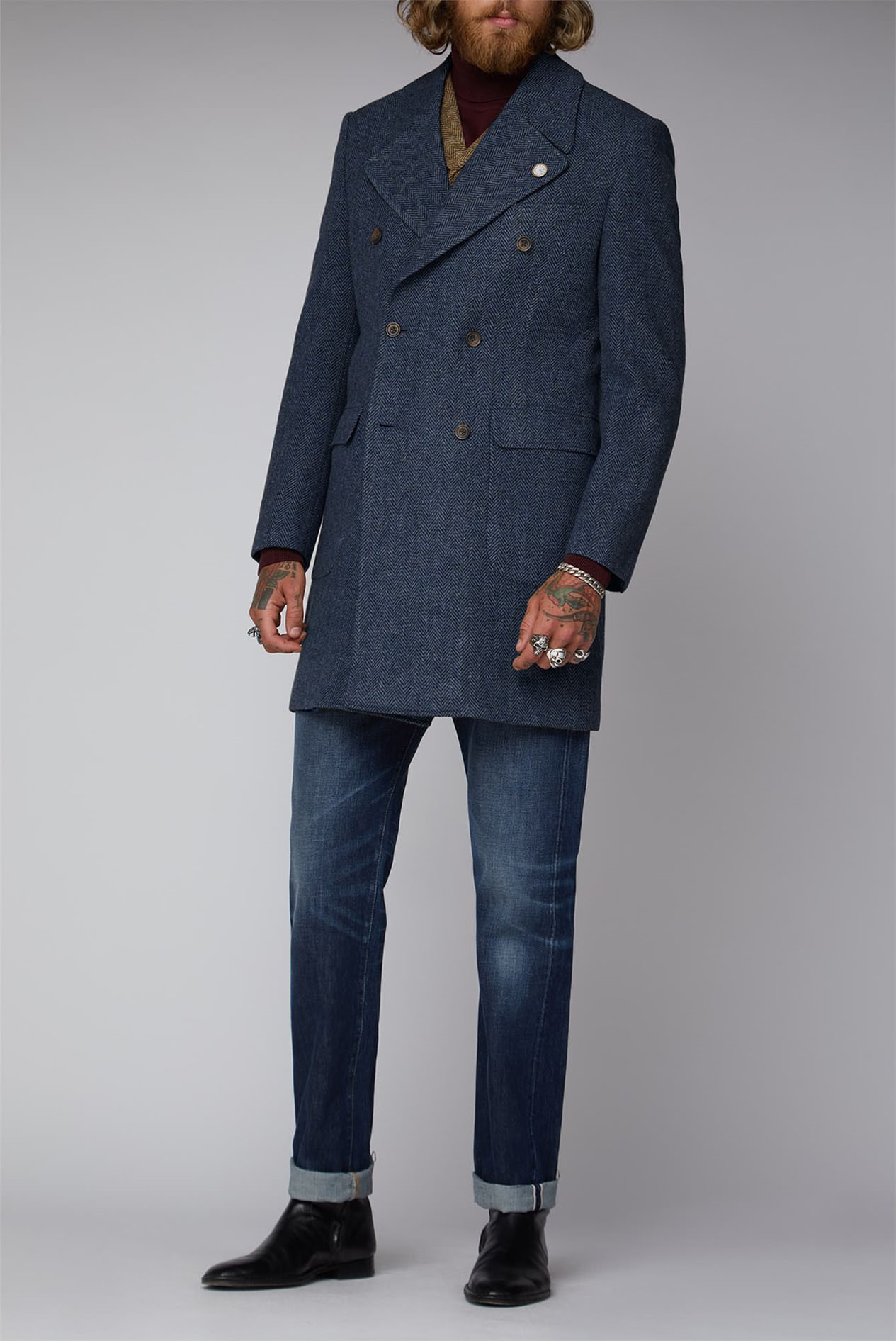 Gibson London | Navy Herringbone Overcoat | SuitDirect.co.uk